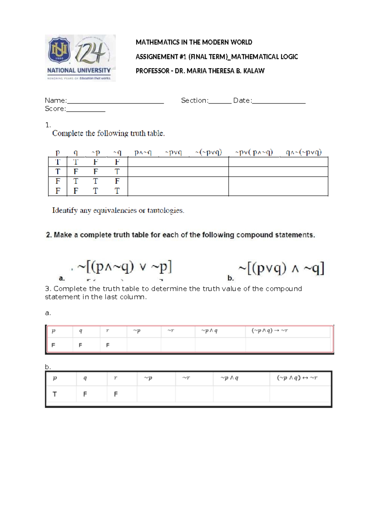 Assignment #1 Mathematical Logic - Secondary Education - MATHEMATICS IN ...