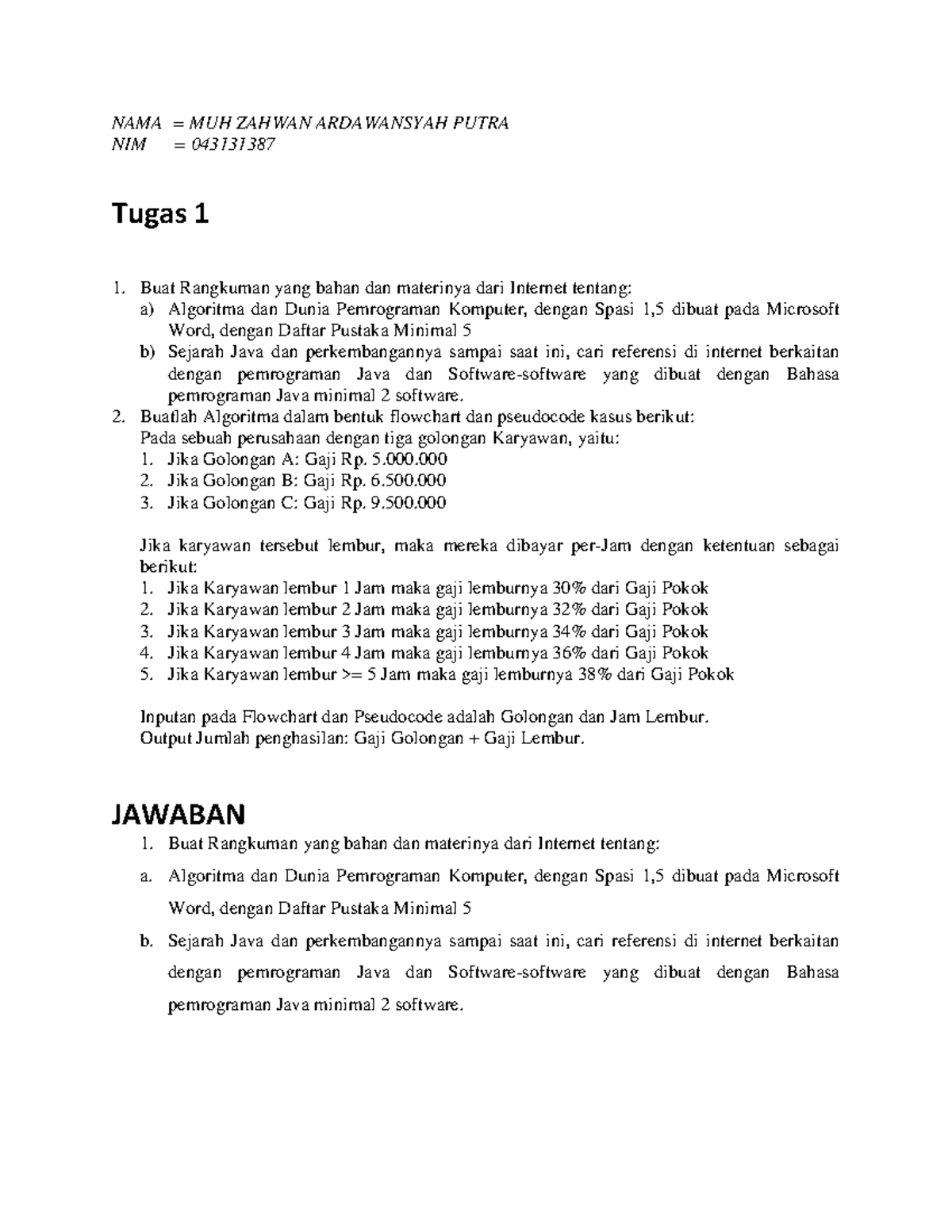 Tugas 1: Rangkuman Algoritma Pemrograman & Sejarah Java NIM 043131387 - Studocu