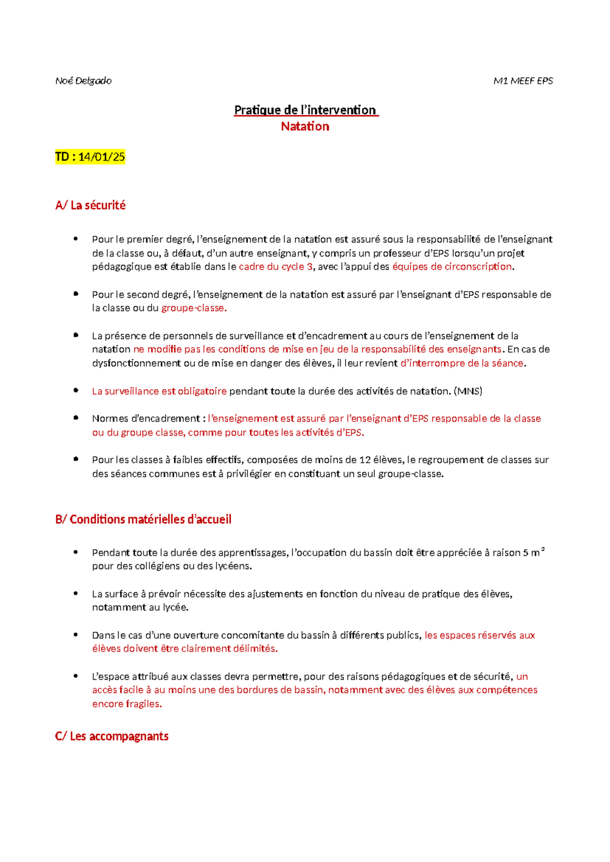 Pratique de Natation TD M1 MEEF EPS : Sécurité et Organisation - Studocu