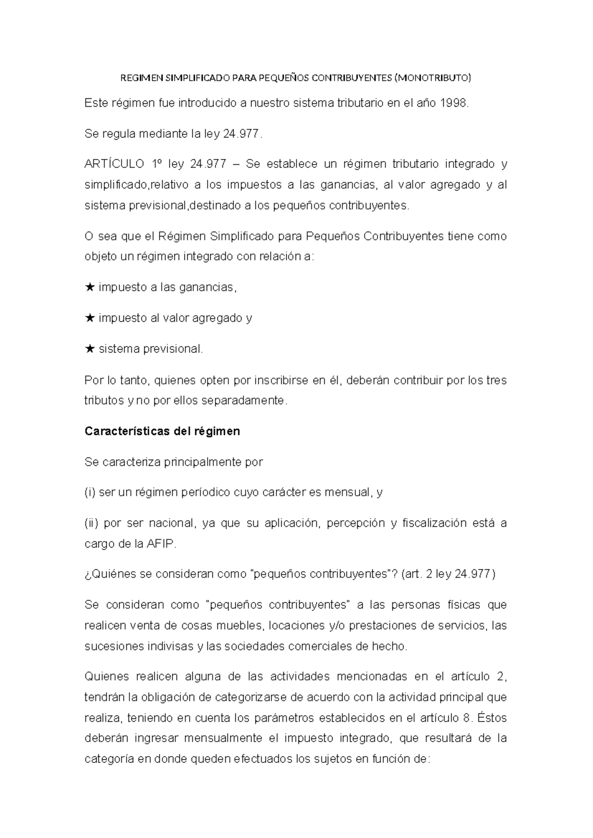 Régimen Simplificado para Pequeños Contribuyentes (Monotributo) - Studocu