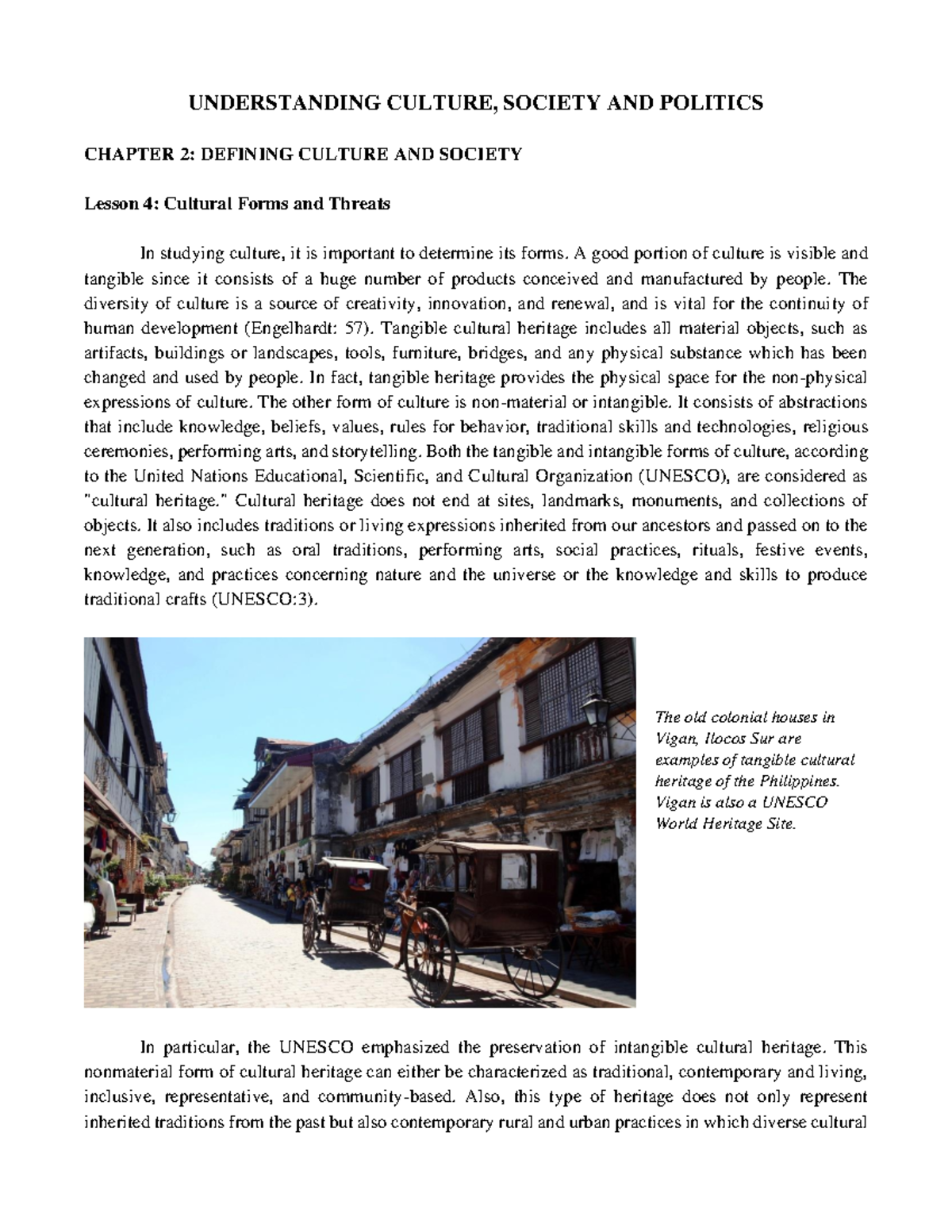UNDERSTANDING CULTURE, SOCIETY AND POLITICS CHAPTER 2: INTANGIBLE ...
