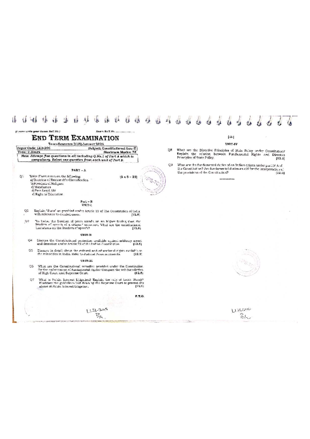 End Term Examination: Constitutional Law II (Code 205) - January 2024 ...