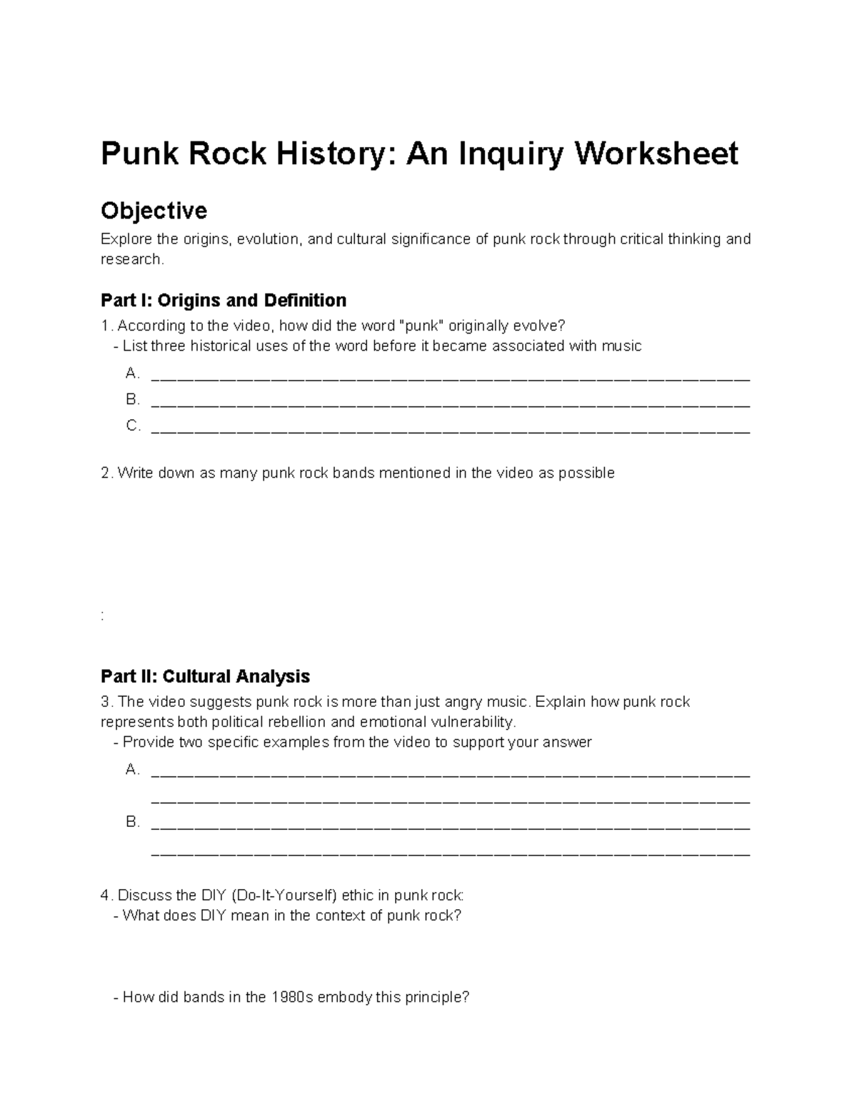 Punk Rock History: Exploration Worksheet for Critical Thinking - Studocu