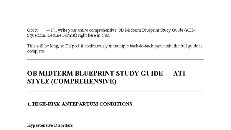 OB MIDTERM BLUEPRINT STUDY GUIDE (ATI STYLE) - COMPREHENSIVE REVIEW - Studocu