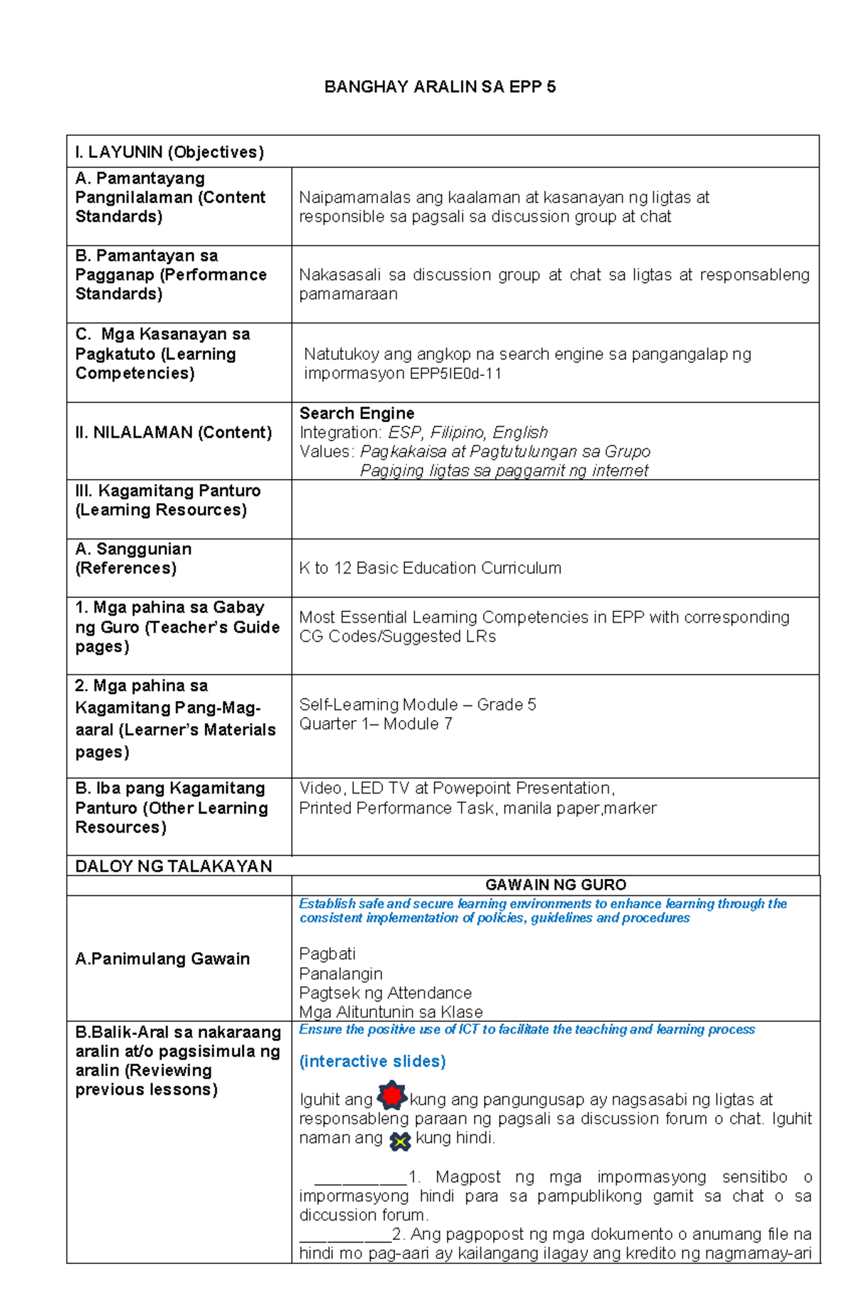 EPP 5 - Lesson Plan on Search Engines and Responsible Use - Studocu