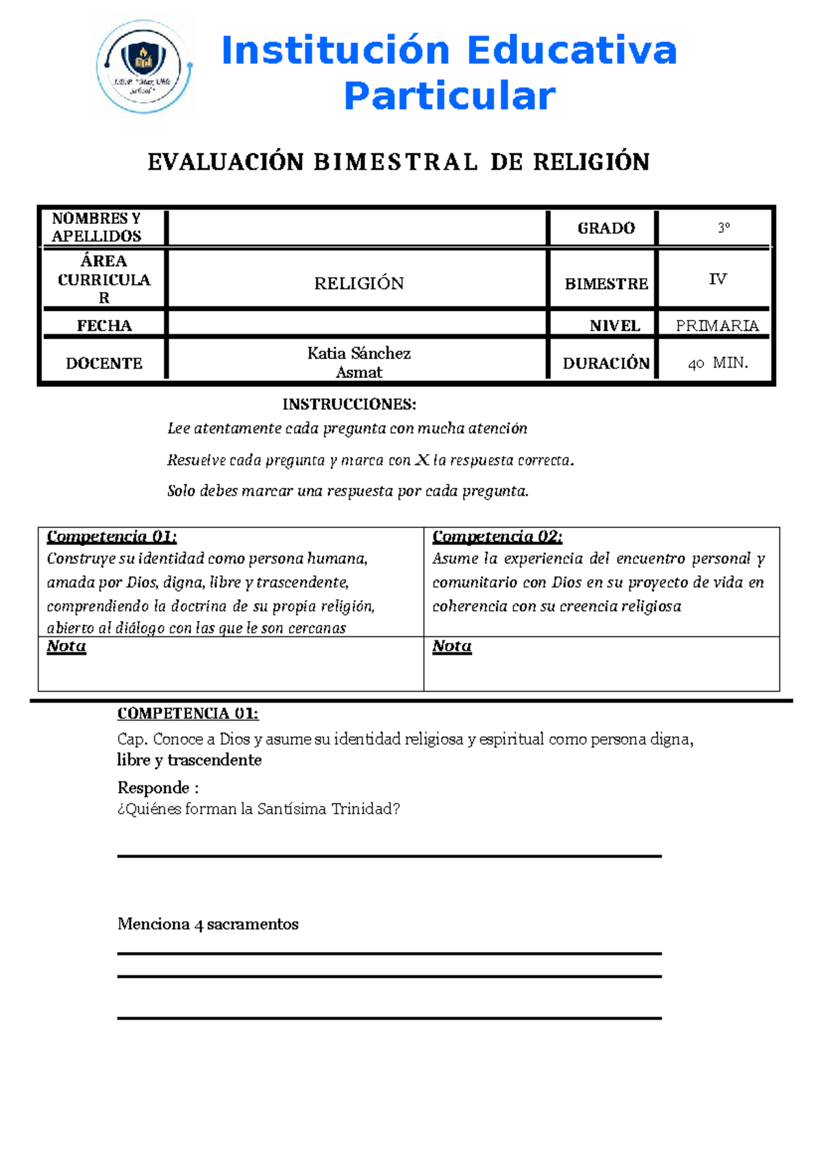 Evaluación Bimestral de Religión 3º - Práctica IV - Studocu