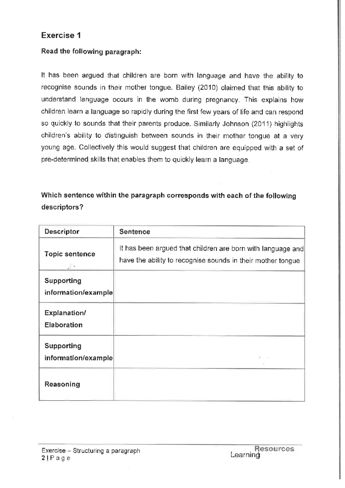 Body Paragraph Exercises - Exercise 1 Read the following paragraph: It has been argued that ...