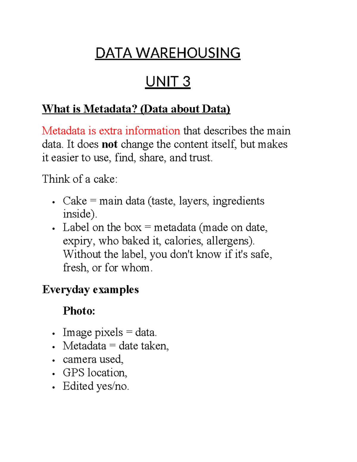UNIT 3 - Data Warehousing: Understanding Metadata and Data Marts - Studocu