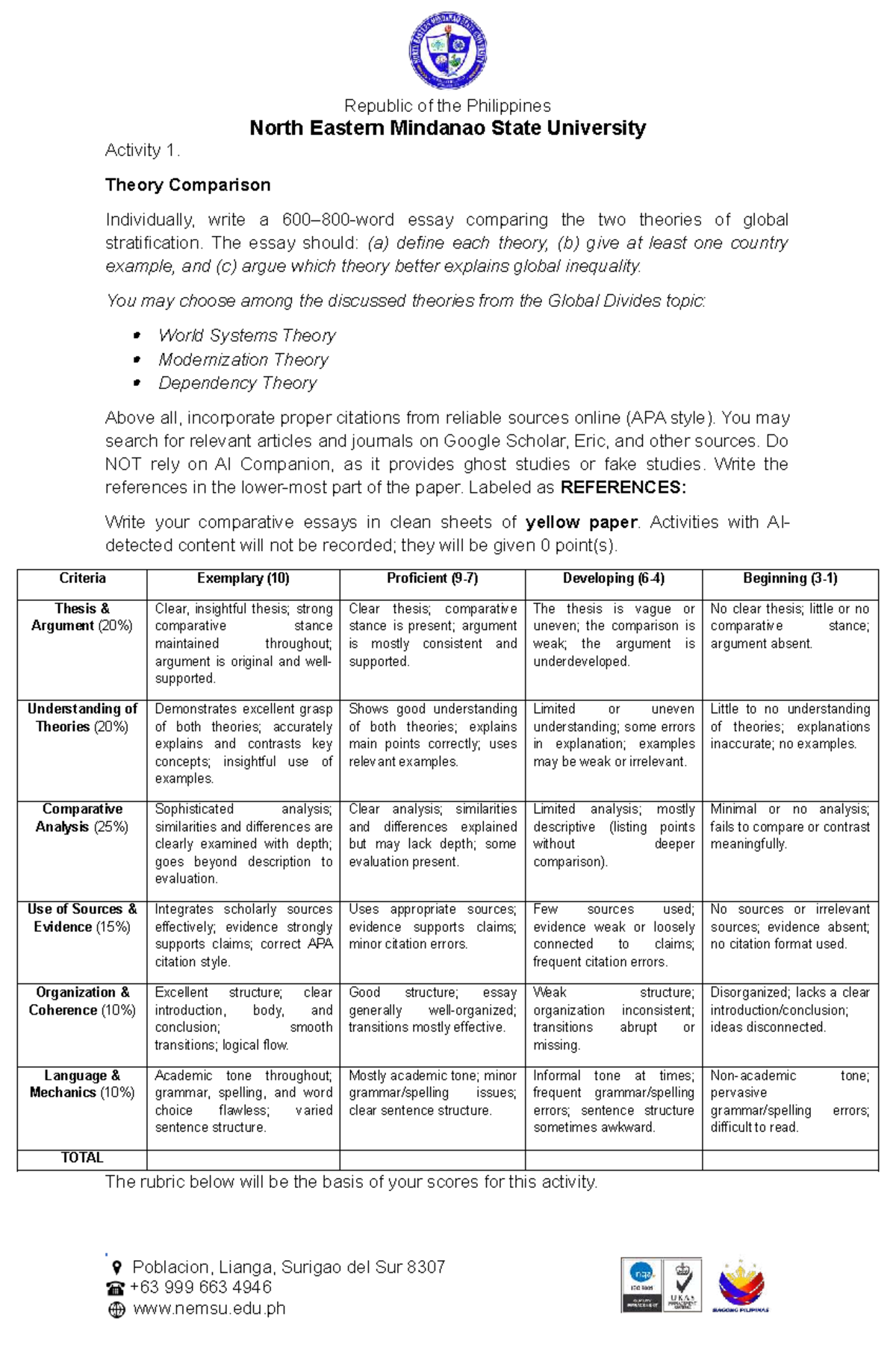 ASY 1st SEM: Comparative Essay on Global Stratification Theories - Studocu