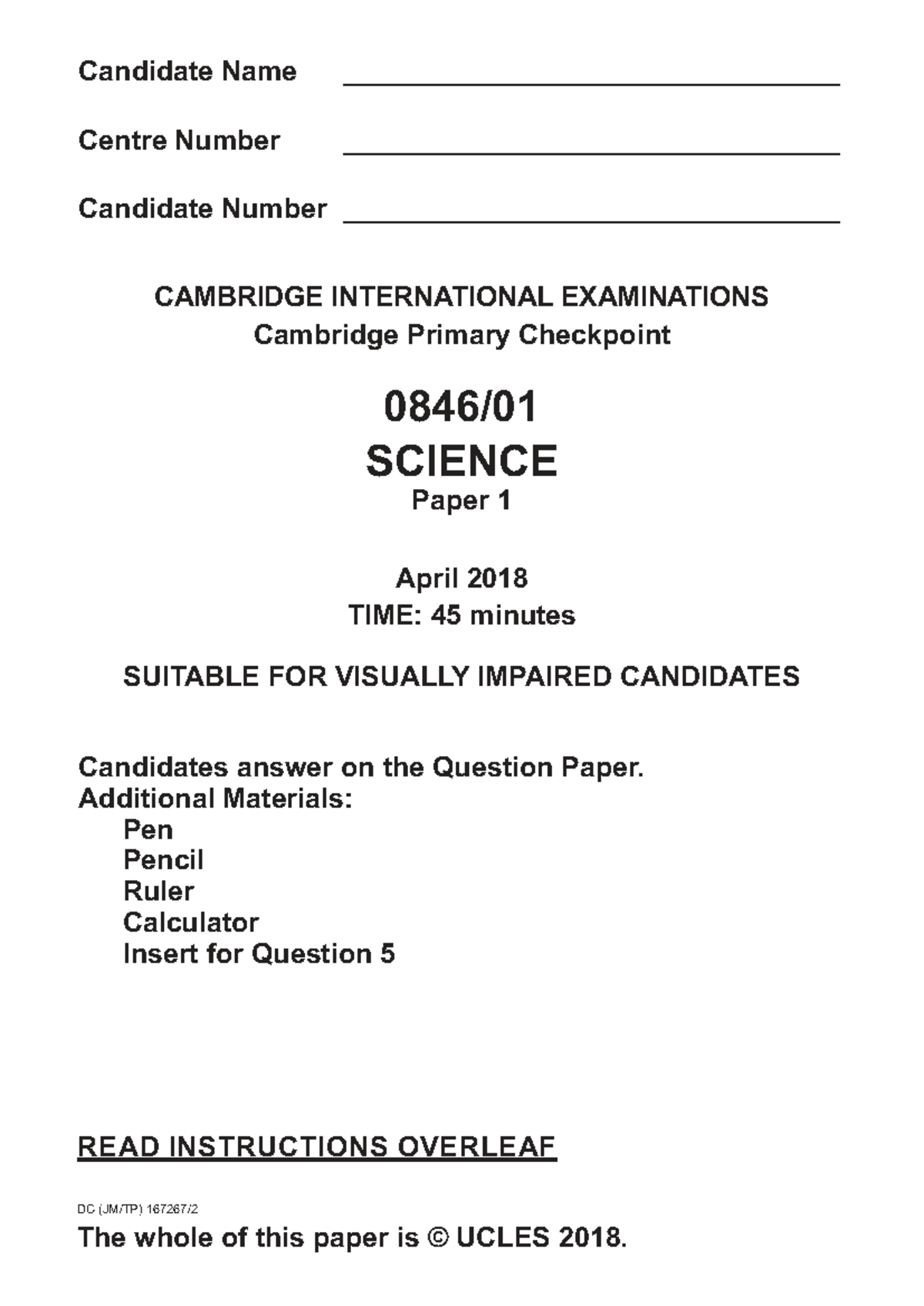 Cambridge Primary Checkpoint Science Paper 1 (2018) - Exam Questions ...