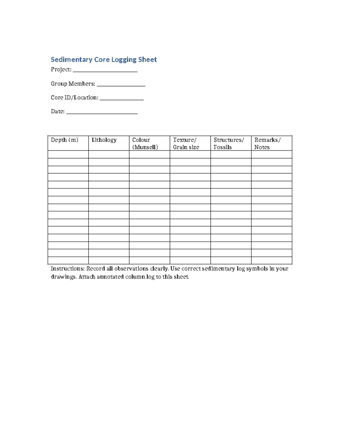 Core Logging Template - practical - GLGN122 - Sedimentary Core Logging ...