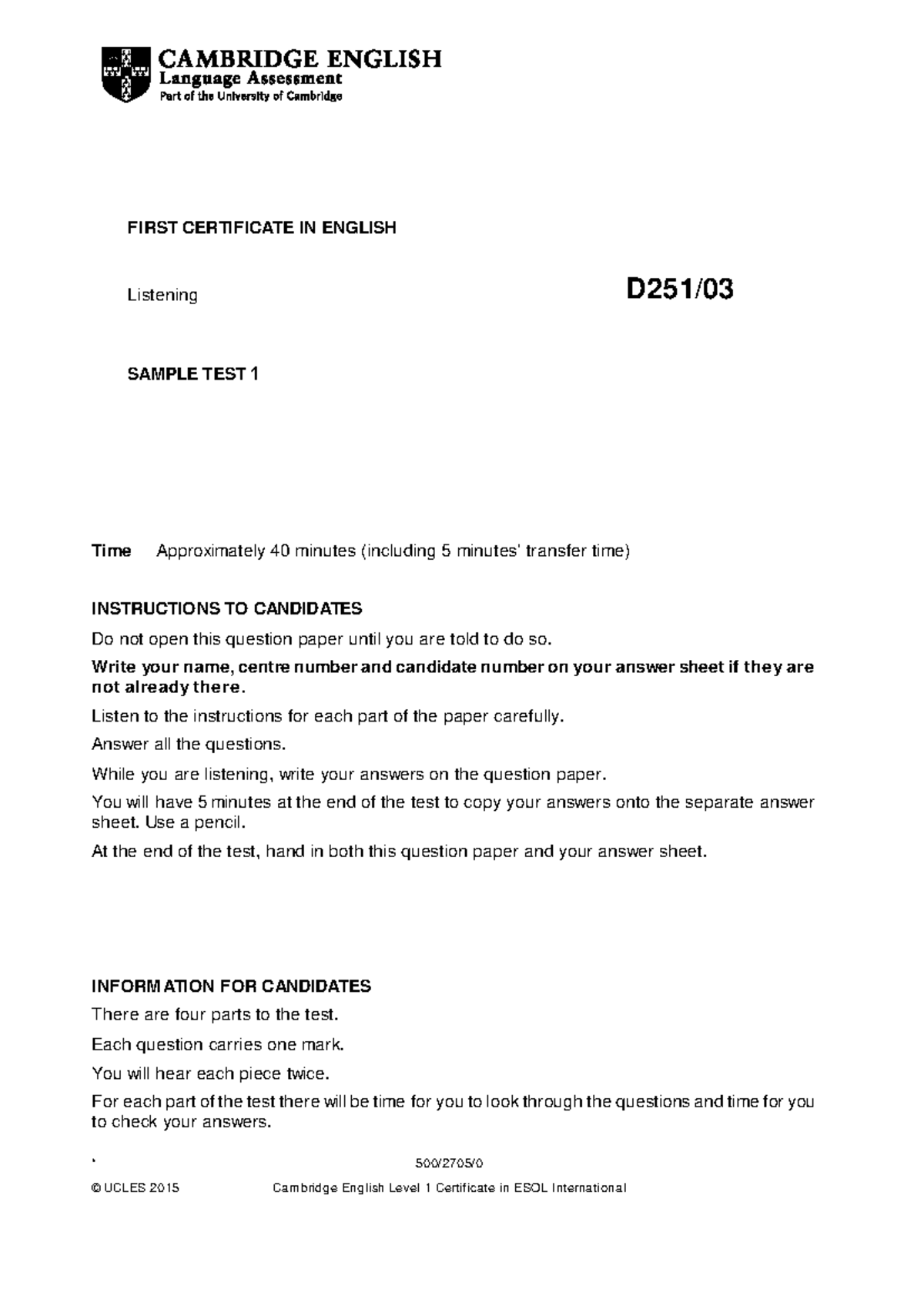 Cambridge English First Listening Sample Test 1 2015 Studocu