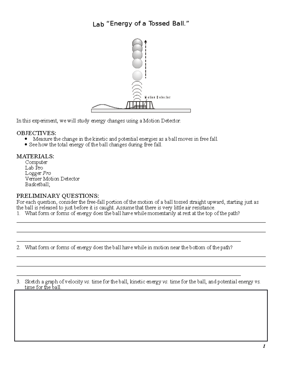 Lab Energy of a Tossed Ball for PHY2048 - Lab “Energy of a Tossed Ball ...