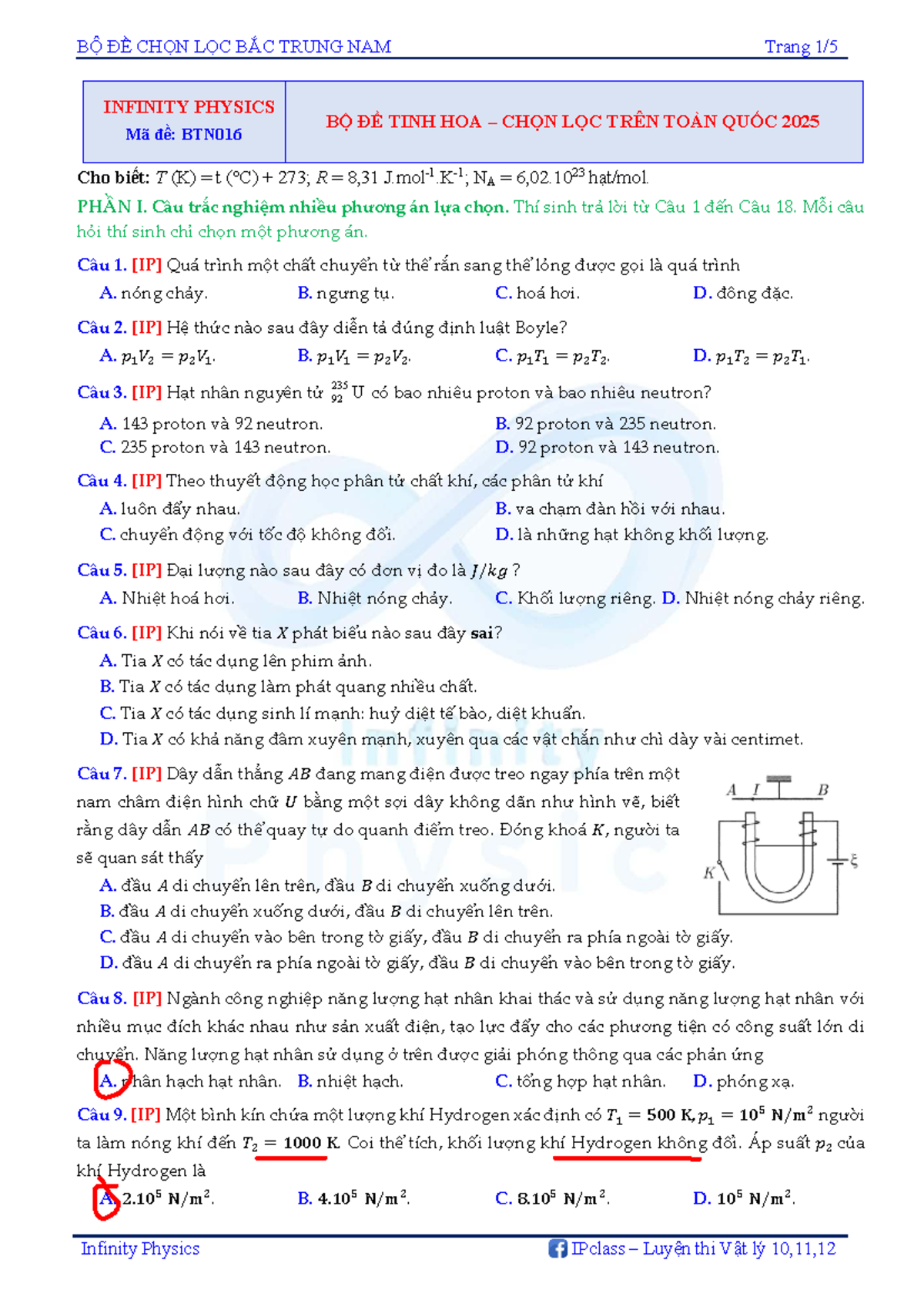 Đề Thi Chọn Lọc Vật Lý BTN016 - Infinity Physics 2025 - Studocu
