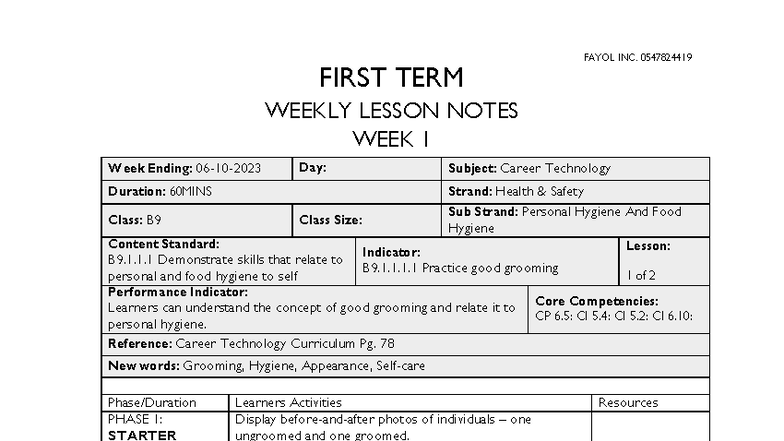 FAYOL INC. 0547824419 FIRST TERM WEEKLY LESSON NOTES - B9 Health ...