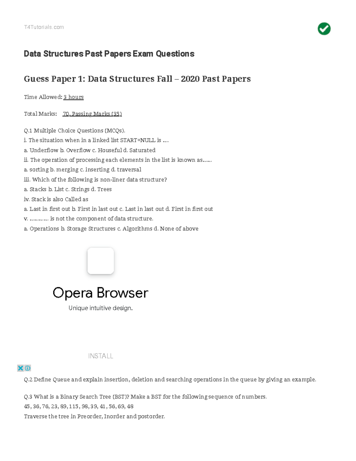 Data Structures Past Papers Exam Questions T4Tutorials - Data Structures Past Papers Exam ...
