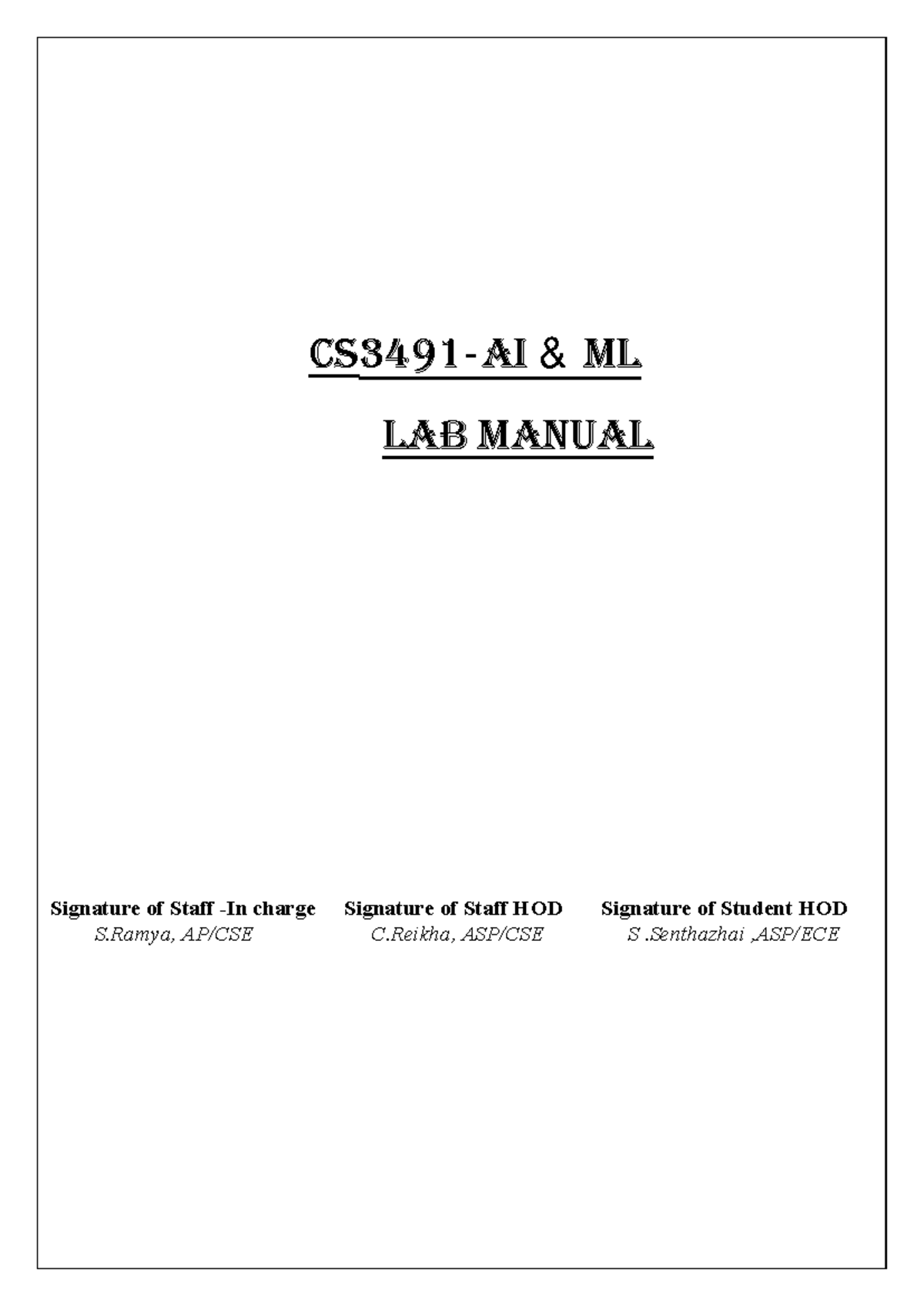 AIML lab manual - Signature of Student HOD S .Senthazhai ,ASP/ECE ...