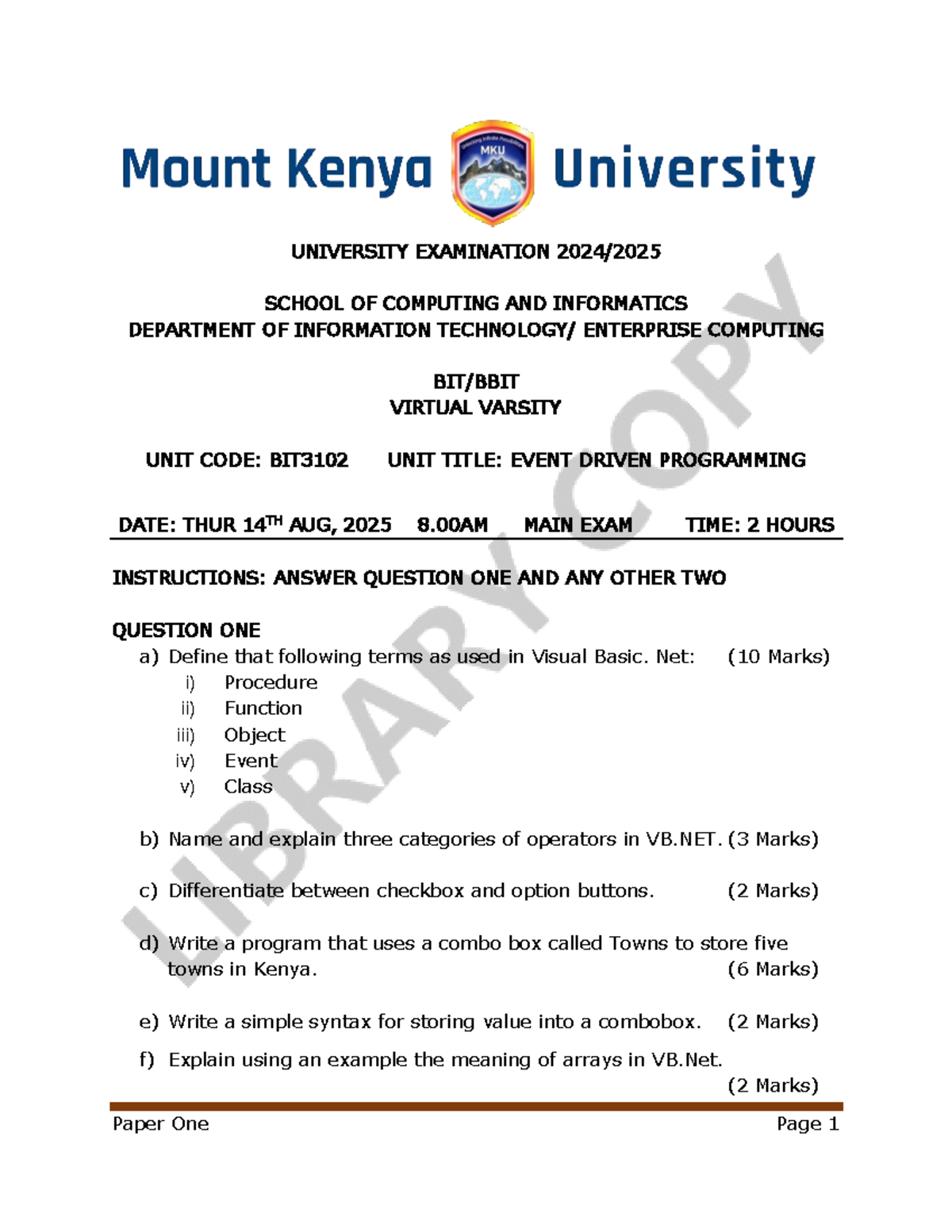 BIT3102 Final Exam: Event Driven Programming Past Paper - Studocu