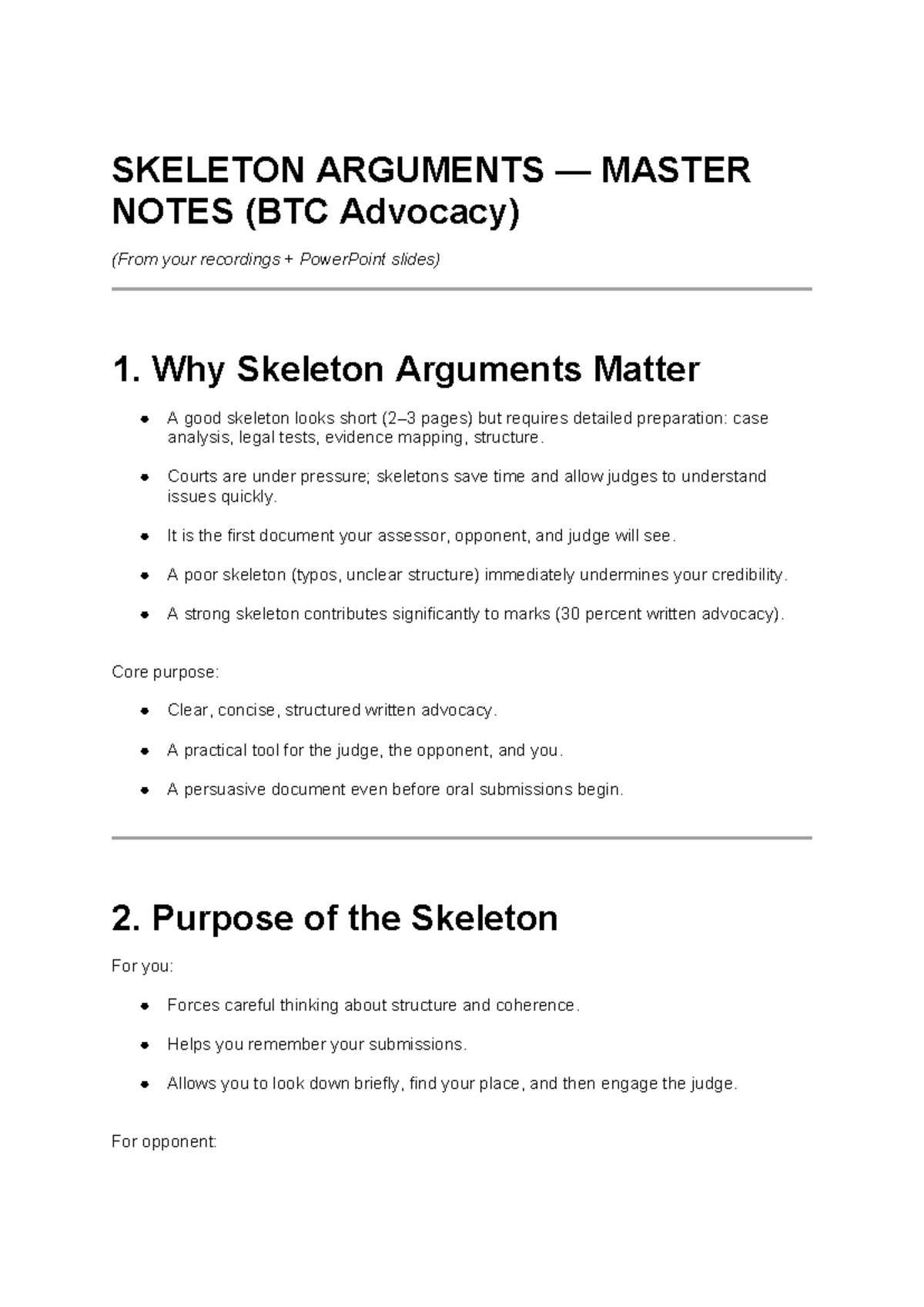 Skeleton Arguments Master Notes (BTC Advocacy) - Studocu