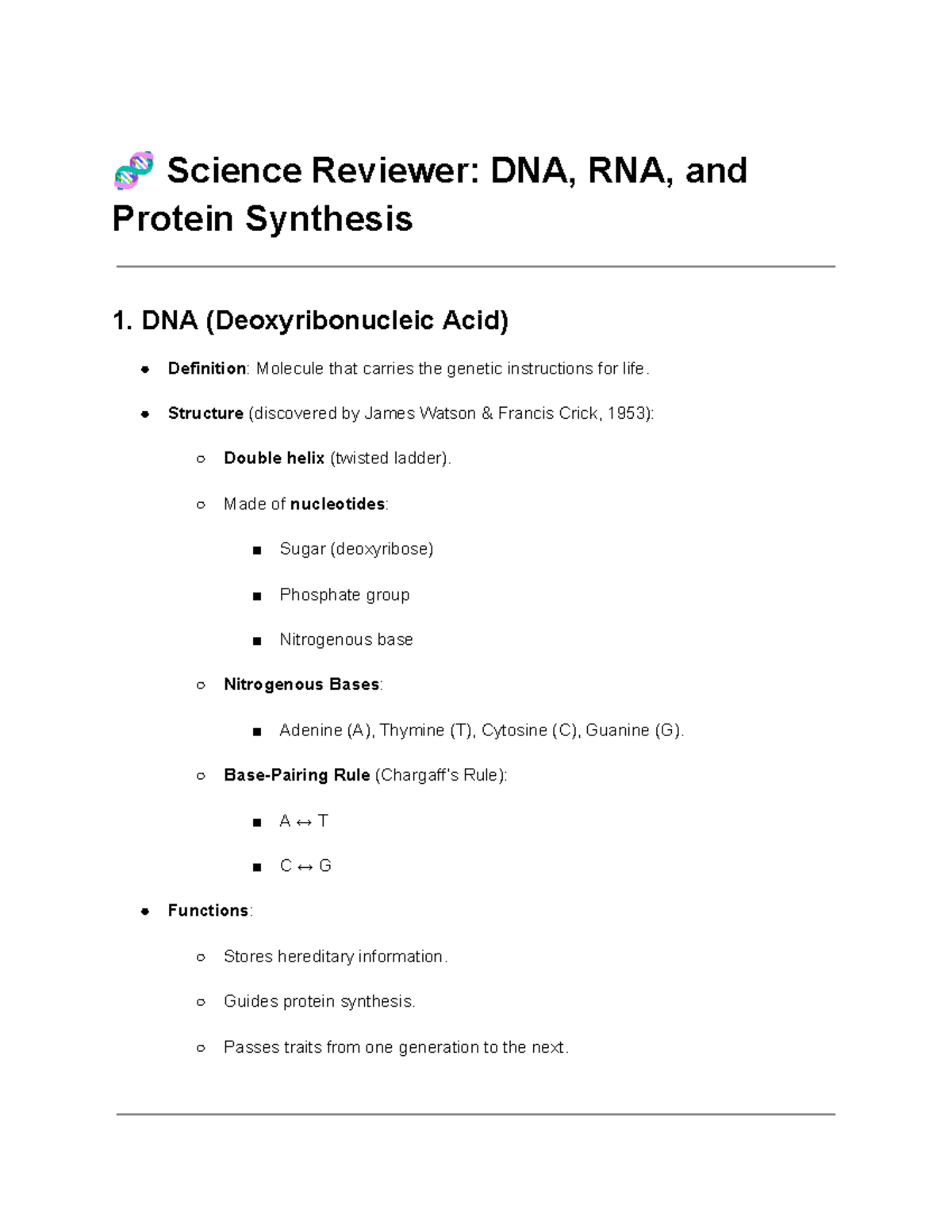 Science Reviewer 3: DNA, RNA, and Protein Synthesis Overview - Studocu