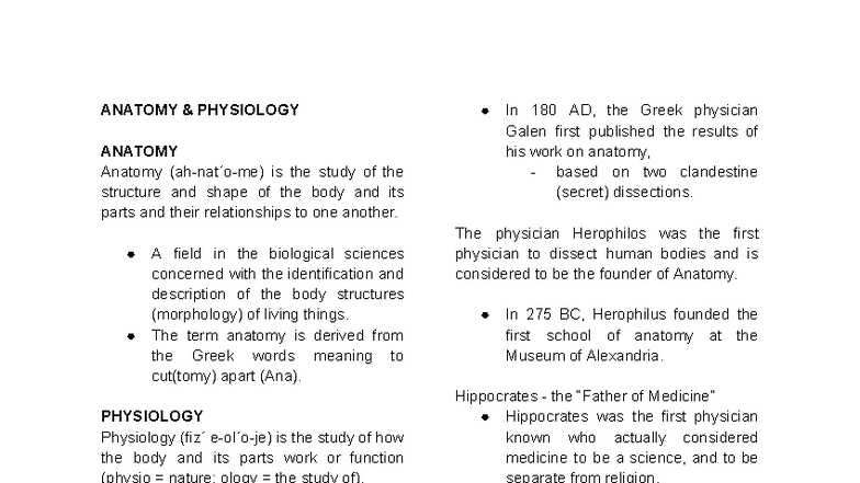 ANATOMY PHYSIOLOGY LECTURE: Structure, Function, and History - Studocu