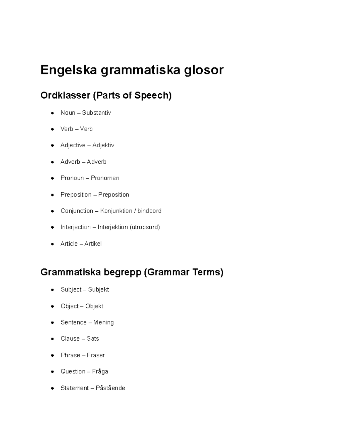 English Grammar Vocabulary - Engelska grammatiska glosor Ordklasser ...