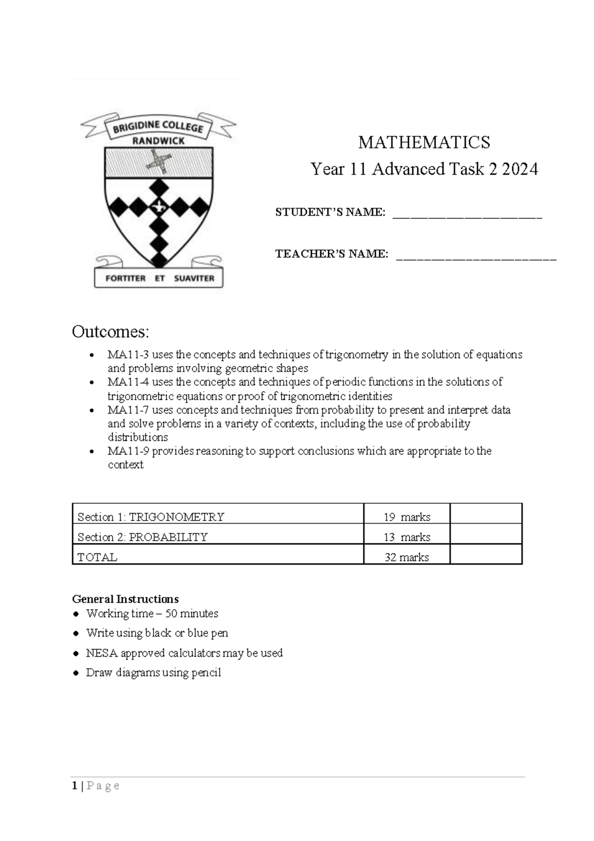 2024 Year 11 Advanced Maths Task 2 - Trigonometry & Probability - Studocu