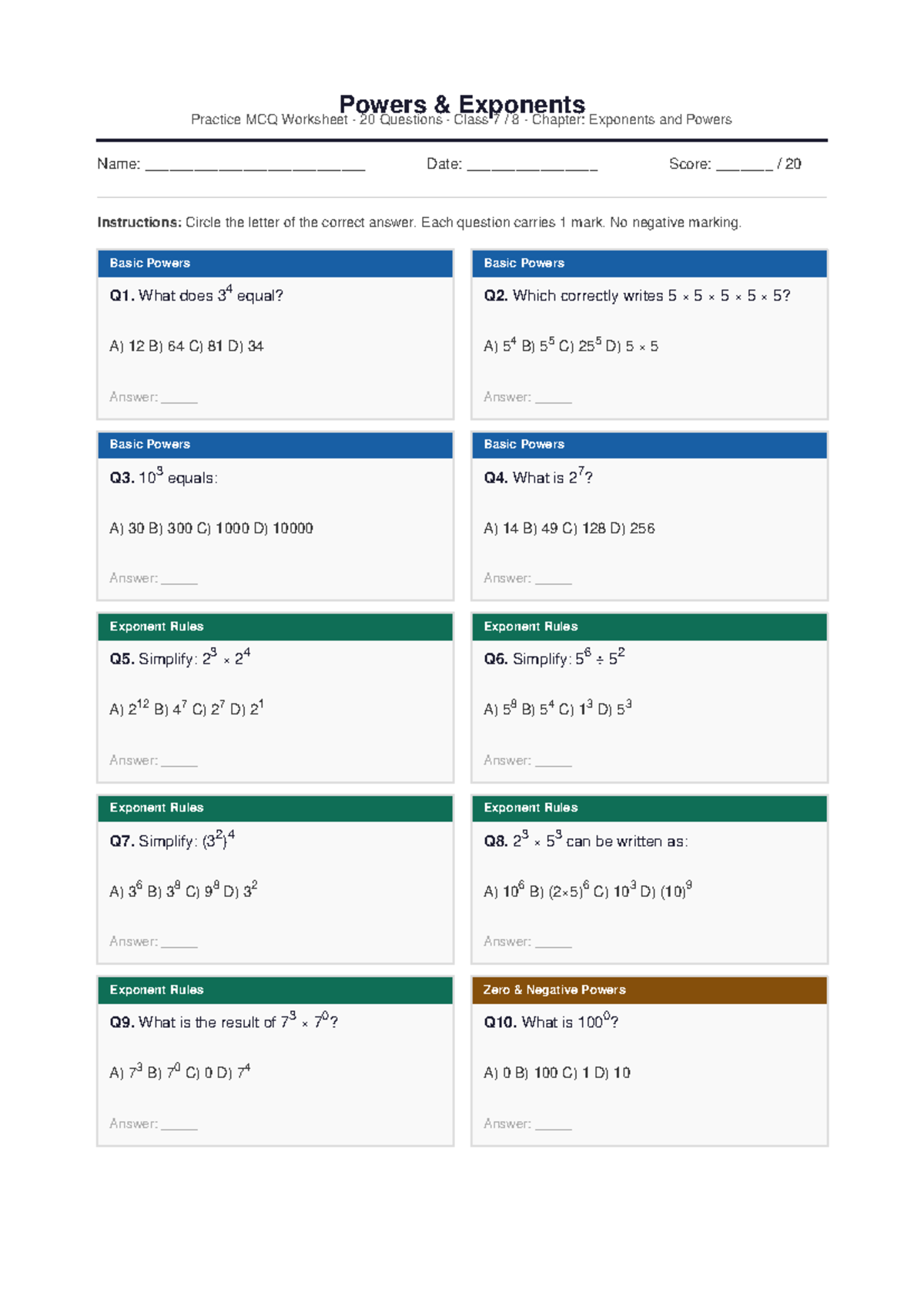 Powers and Exponents MCQ Worksheet for Class 7-8 - Studocu
