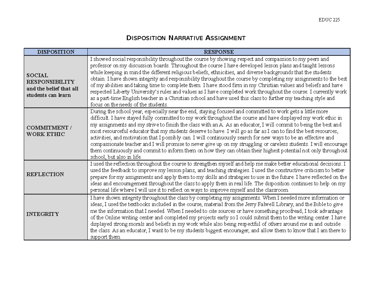 EDUC 225 Disposition Narrative Assignment Reflection and Commitment - Studocu
