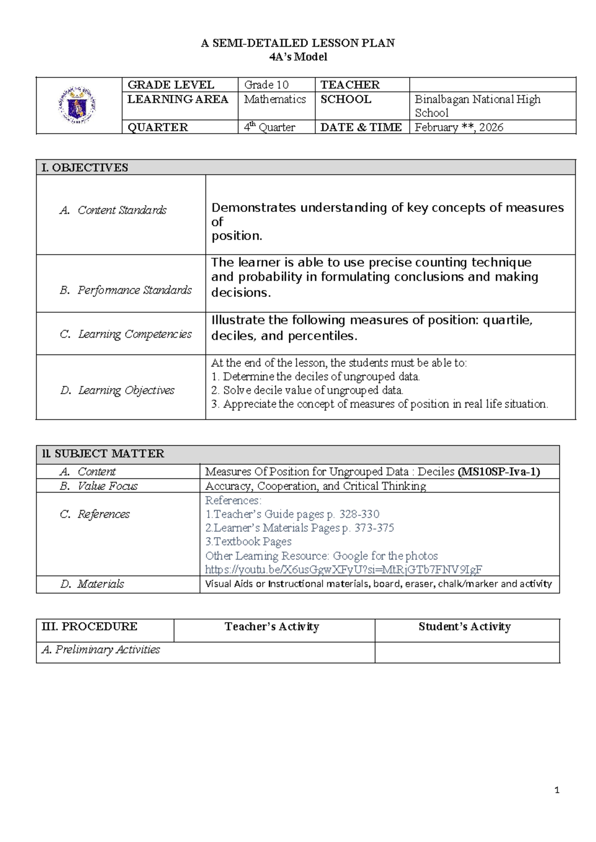 DLP G10 Mathematics Lesson Plan: Understanding Deciles - Studocu