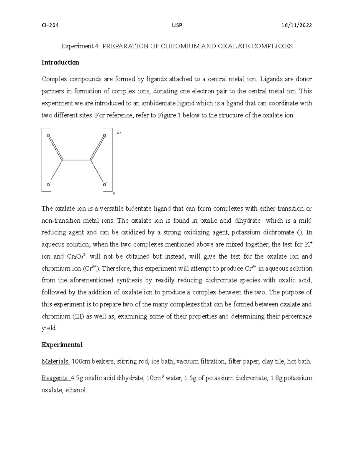 Experiment 4 - Synthesis of Chromium(III) and Oxalate Complexes - Studocu