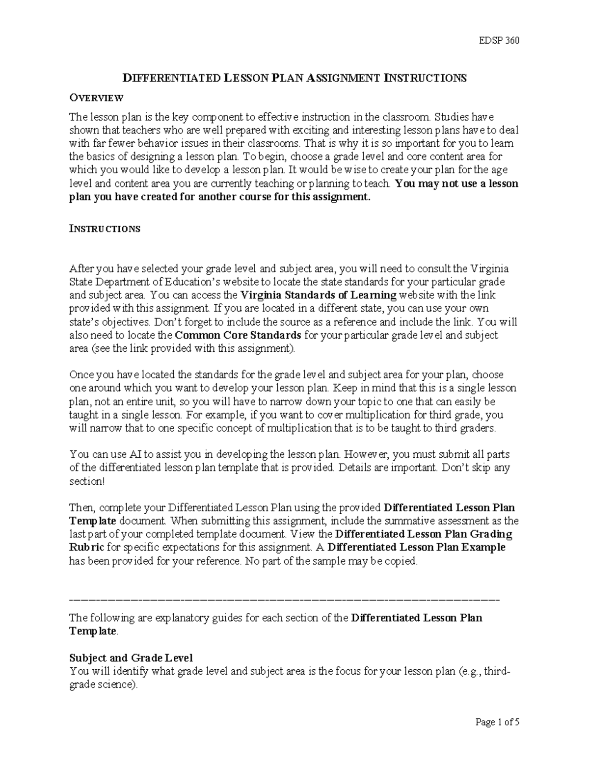 EDSP 360 Differentiated Lesson Plan Assignment Guidelines - Studocu