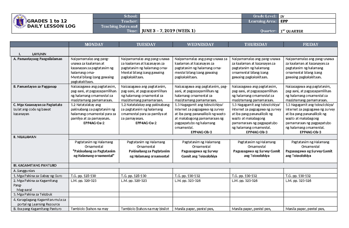 DLL EPP 4 Q1 W1 - epp lesson plan - GRADES 1 to 12 DAILY LESSON LOG ...