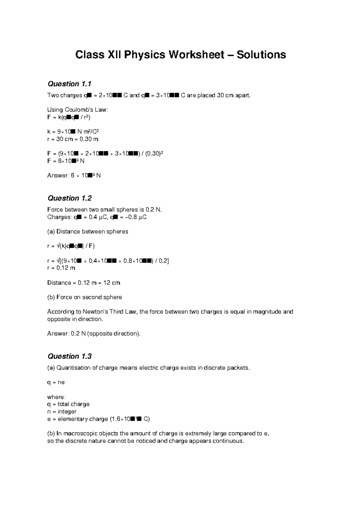 Class XII Physics Worksheet Solutions: Charge and Force Concepts - Studocu
