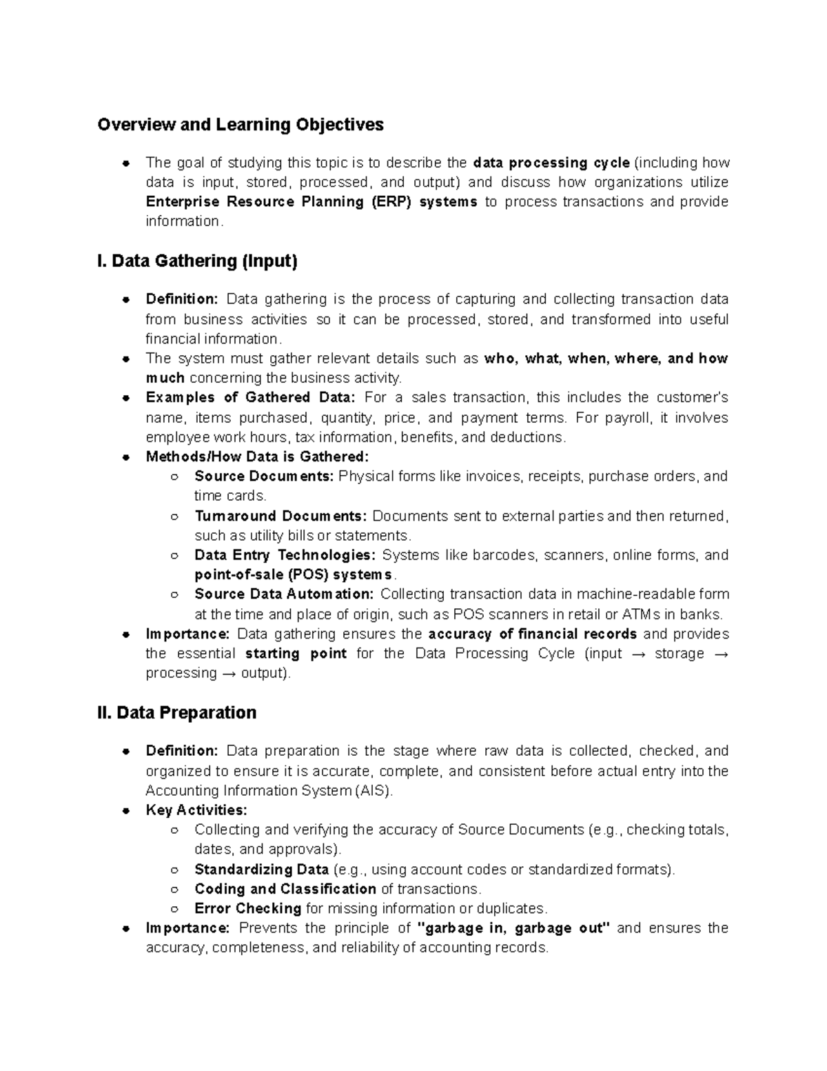 Data Processing Cycle & ERP Systems Overview - Notes - Studocu