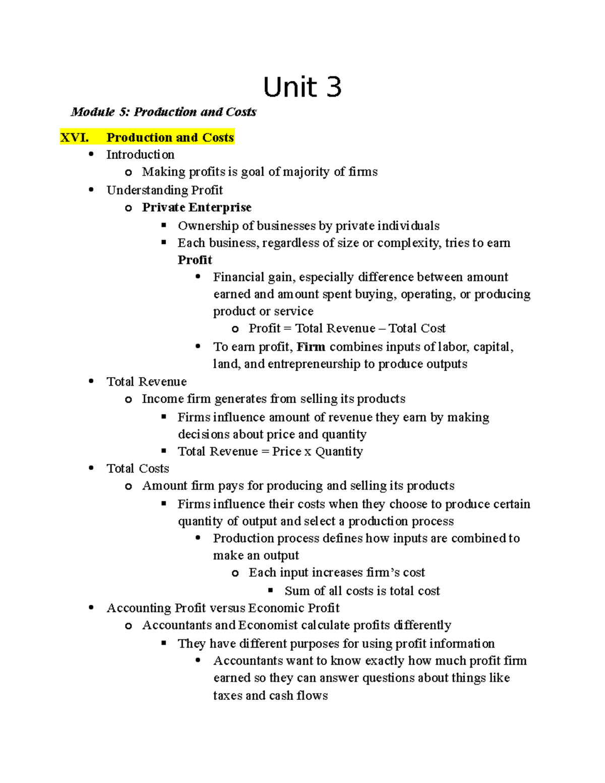 D089 Unit 3 Module 5: Production and Costs Notes & Assessment - Studocu