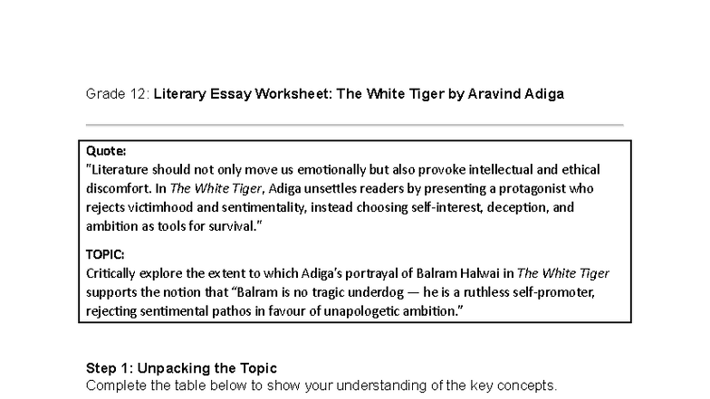 Grade 12: Literary Essay Workshop on The White Tiger by Aravind Adiga ...