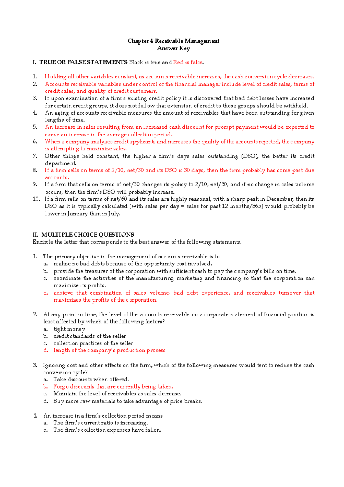 Receivable Management Review: Financial Mgmt Chapter 4 Answer Key - Studocu