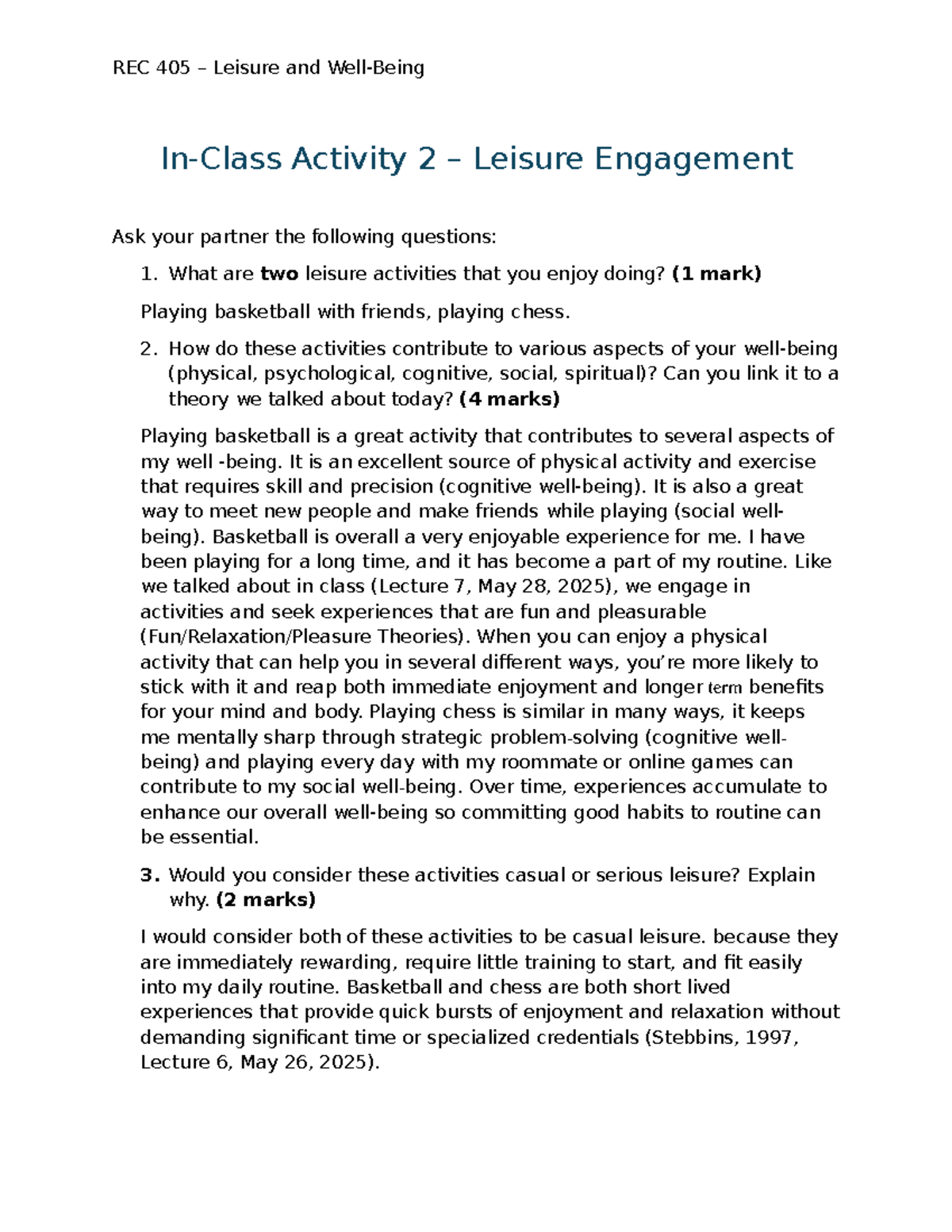 REC 405 In-Class Activity 2: Leisure Engagement & Theories Discussion ...
