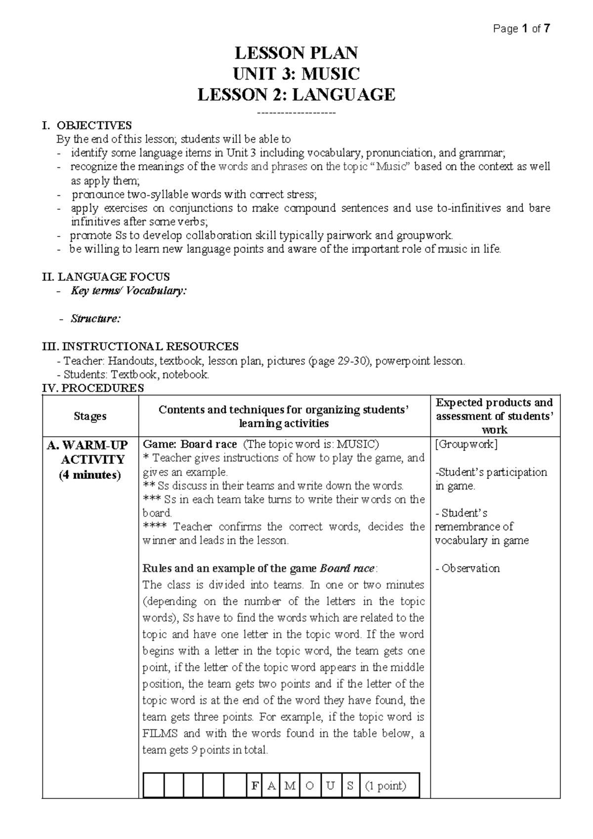 Unit 3 Language G10 - LESSON PLAN UNIT 3: MUSIC LESSON 2: LANGUAGE ...