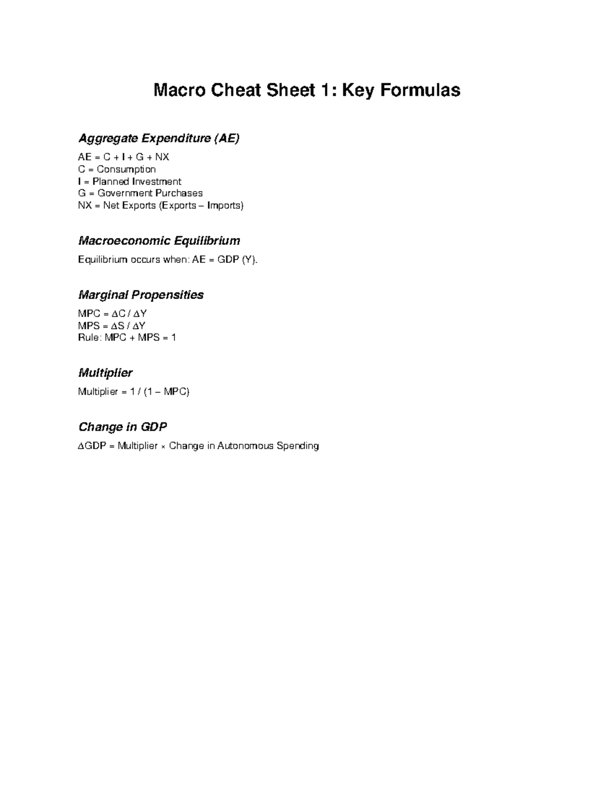 Macro cheatsheet formulas - Econ 1Bb3 - Macro Cheat Sheet 1: Key ...