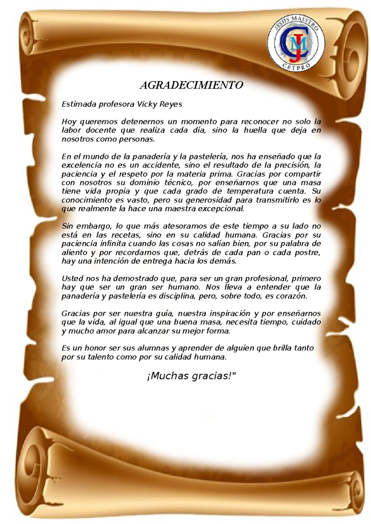 Discurso de Agradecimiento a la Prof. Vicky Reyes - Studocu