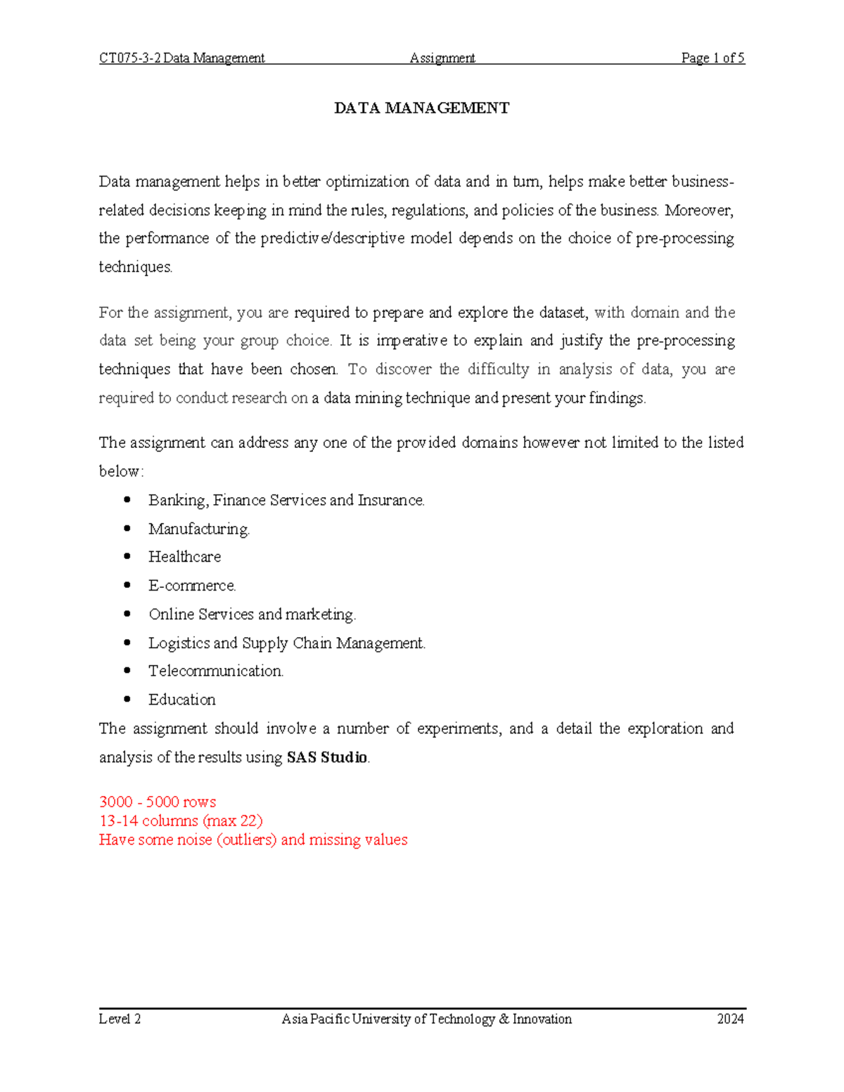 Data Management Assignment - Question DTM-VE1 Analysis & Techniques - Studocu