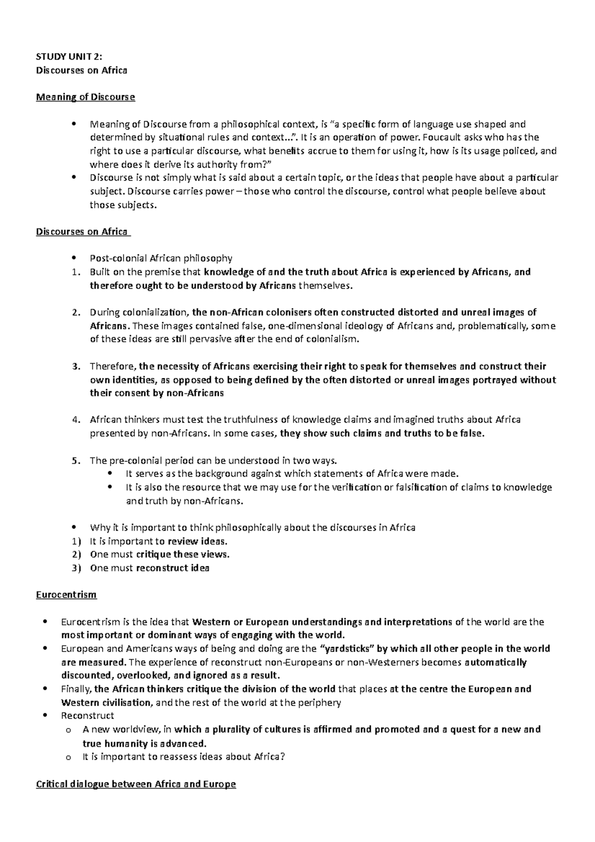 Unit 2: Discourse Analysis on Africa's Philosophical Meanings - Studocu