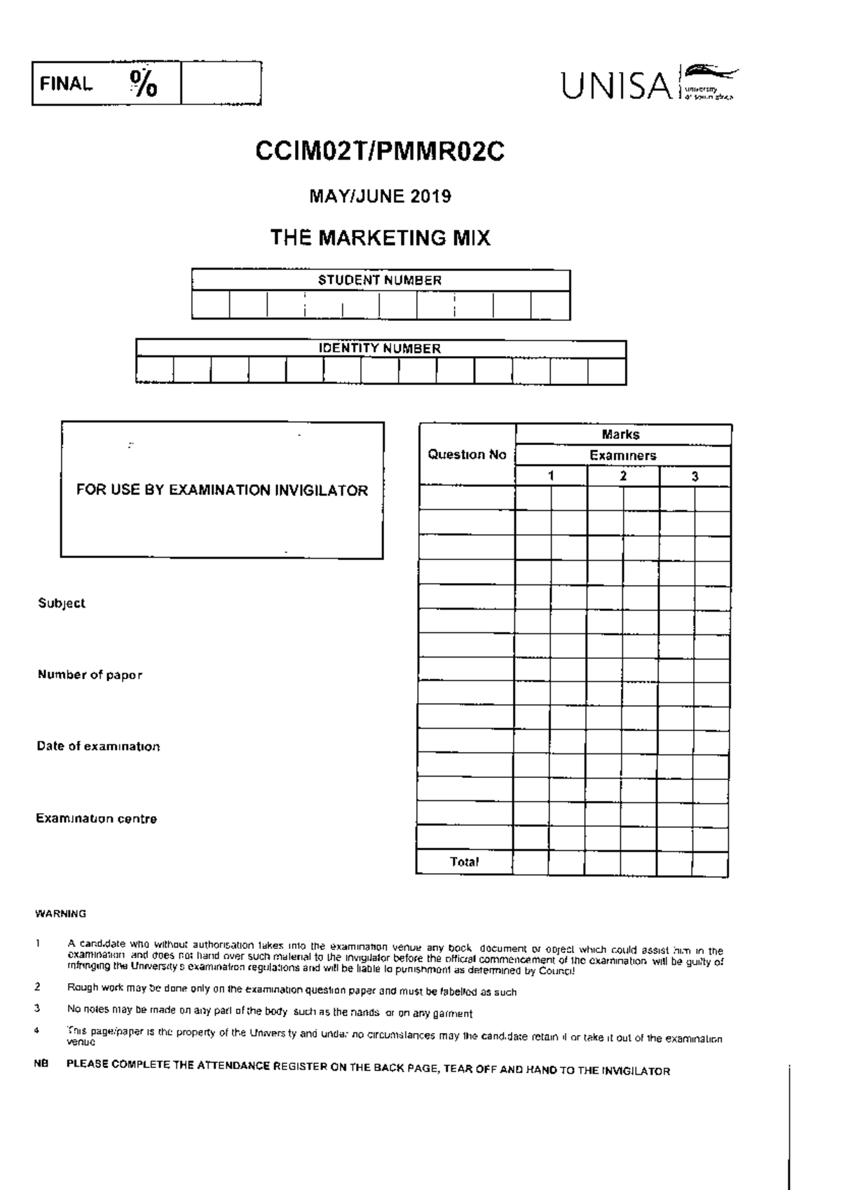 CCIM02T 2019 Final Exam: The Marketing Mix Practice Questions - Studocu