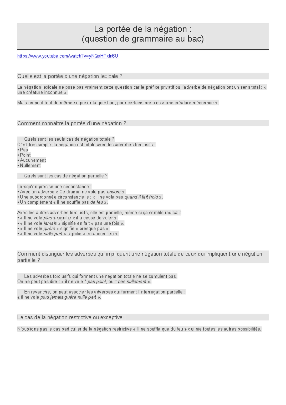 Négation en Grammaire: Point Clé pour le Bac - Fiche Complète - Studocu