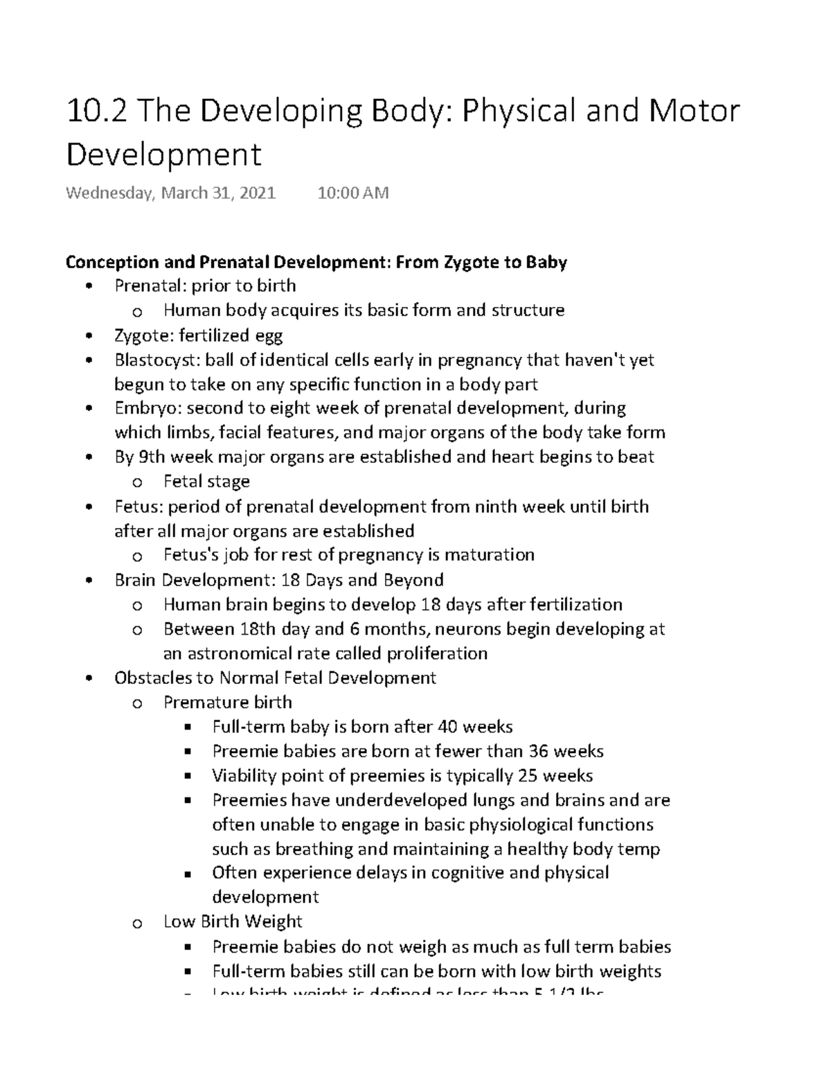 10.2 The Developing Body Physical and Motor Development - Conception ...