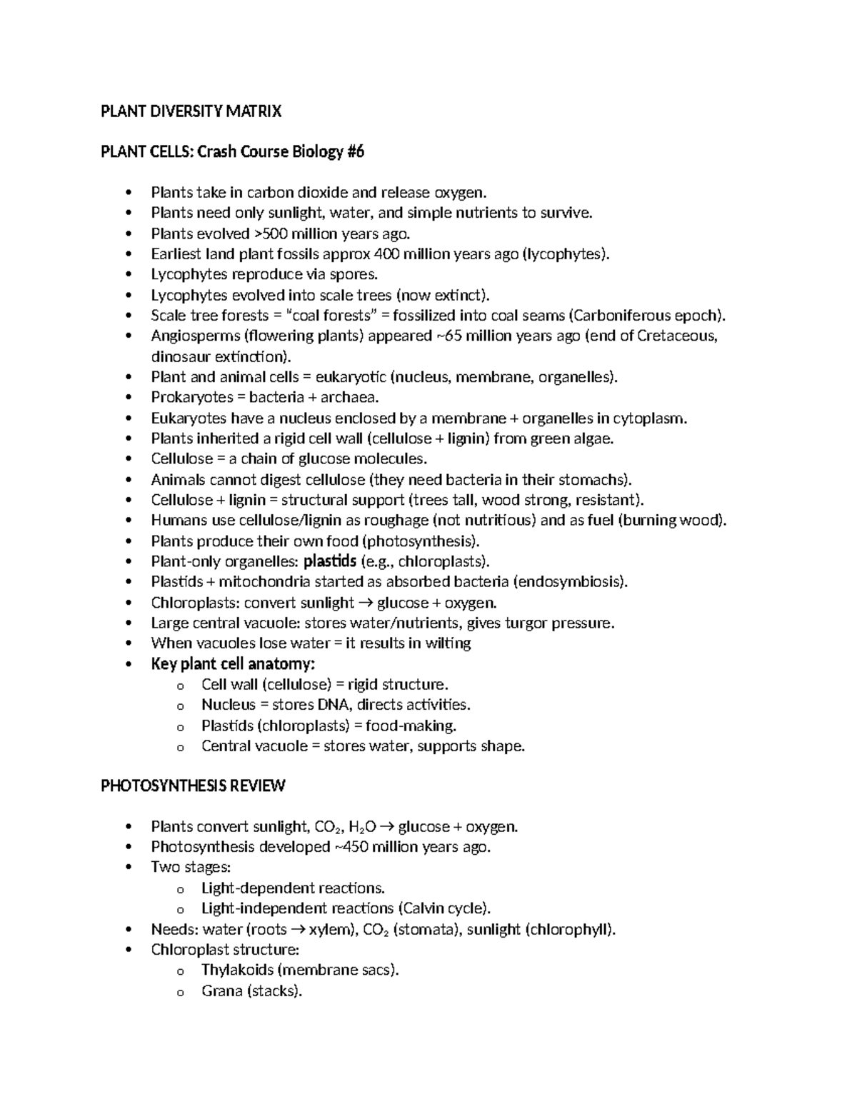 PLANT DIVERSITY AND CELL STRUCTURE: Lecture Notes (BIO 3281) - Studocu