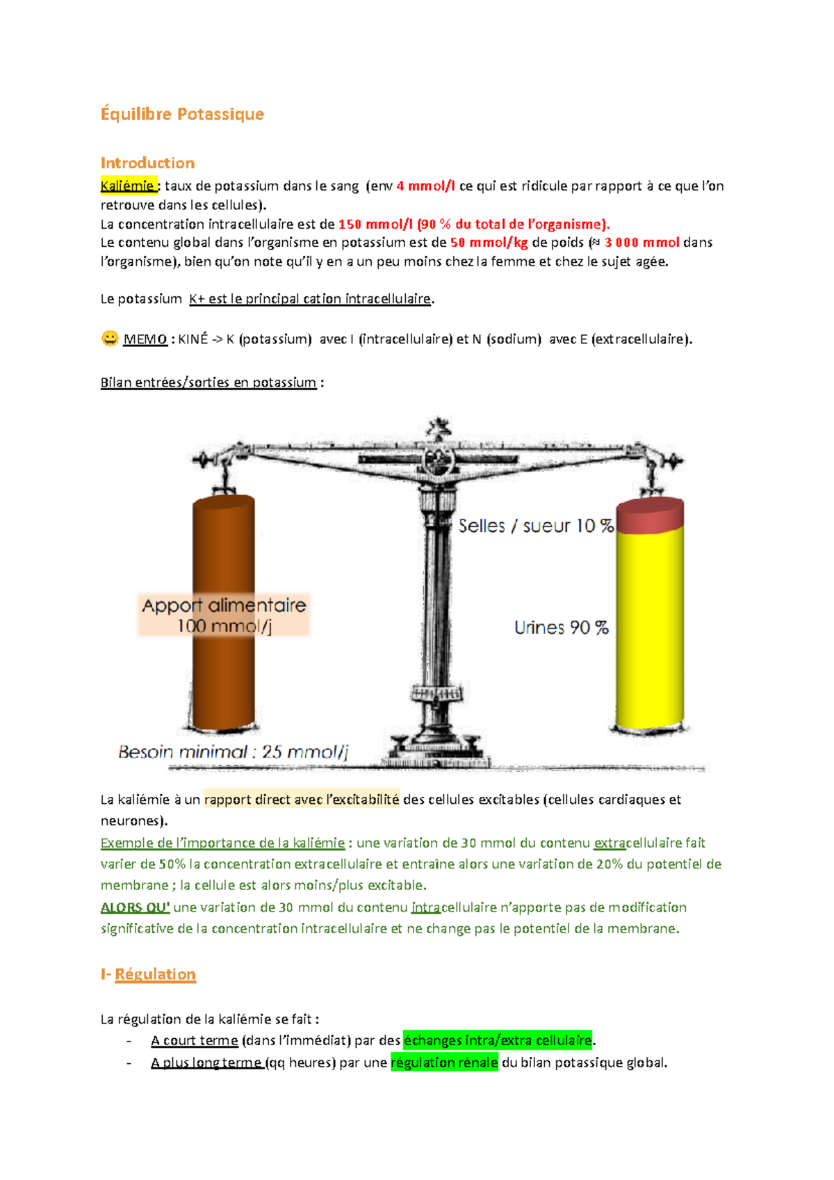 Équilibre Potassique et Régulation de la Kaliémie en Kiné K - Studocu