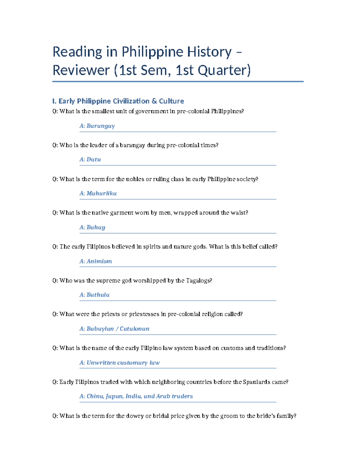 Philippine History Reviewer (1st Sem, 1st Quarter) - Key Concepts ...